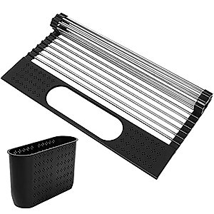 Ohuhu Roll Up Dish Drying Rack with Utensil Holder, Sink Dish Drying Rack 17.3" L x 15.6" W Dish Drainer Multipurpose Collapsible Dish Racks for Kitchen Counter Organizer