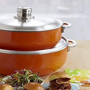 IMUSA USA 2 Piece Orange Caldero (Dutch Oven Set) with Aluminum Lid 4.4Qt, 6.9Qt