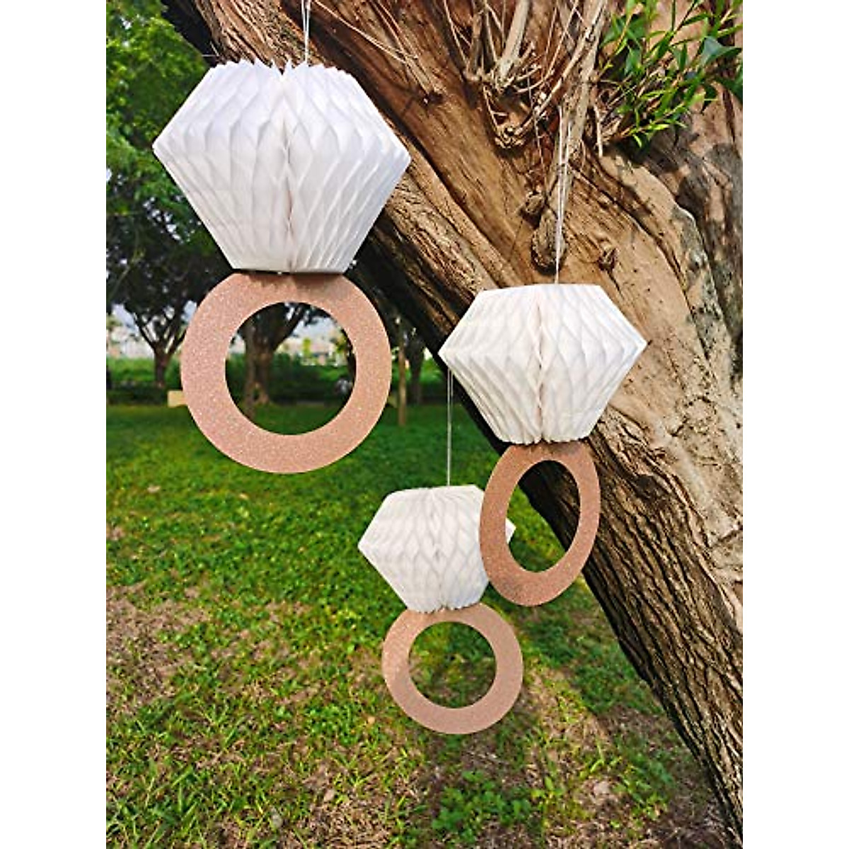 Engagement Party Decorations, Bridal Shower Supplies, Honeycomb Ring Hanging Decorations, Rose Gold Glitter Diamond Rings (6pcs), Engaged Diamond Rings Decorations for Engagement