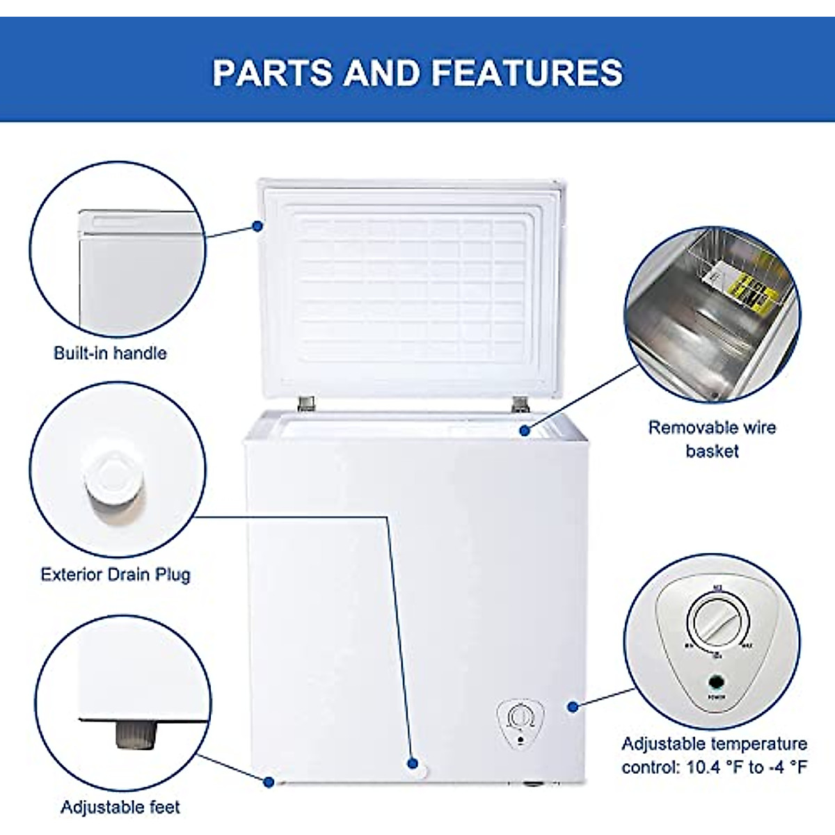 SMETA Deep Freezer Chest Freezer 5 Cu. Ft Small Freezer Chest Compact 5 Cubic Feet Freestanding Freezers for Apartment Basement Dorm Office Garage Outdoor Freezing Machine with Basket, White