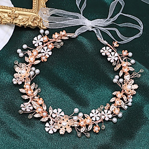 Ammei Headpiece Wedding Headband Tiara Flower Leaves Design Hair Vine With Pearls And Rhinestones (Rose Gold)