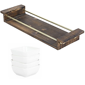 MyGift 5 Piece White Ceramic Small Dip Bowl and Burnt Wood Serving Tray Party Set, Mini Condiment Dipping Bowls for Appetizer, Soy Sauce, BBQ