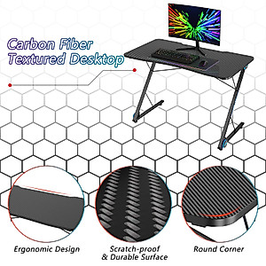 Tangkula Gaming Computer Desk, Z-Shaped Home Office Computer Table with LED Lights & Large Carbon Fiber Surface, Ergonomic Gamer Workstation, Writing Desk for Home Office