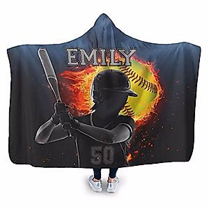 OhaPrints Custom Fire Softball Ball Girl Player Fan Unique Gift Idea Black Personalized Name Number Sherpa Hoodie Blanket Soft Travel Camping Wearable Hooded Blankets Cape Wrap Plush Fuzzy Comfy Cozy