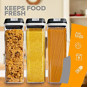 Cheer Collection One Size Airtight Food Storage Containers - Set of 4 IDENTICAL 65 oz Pantry Organizer Bins plus Marker and Labels - Black Lids