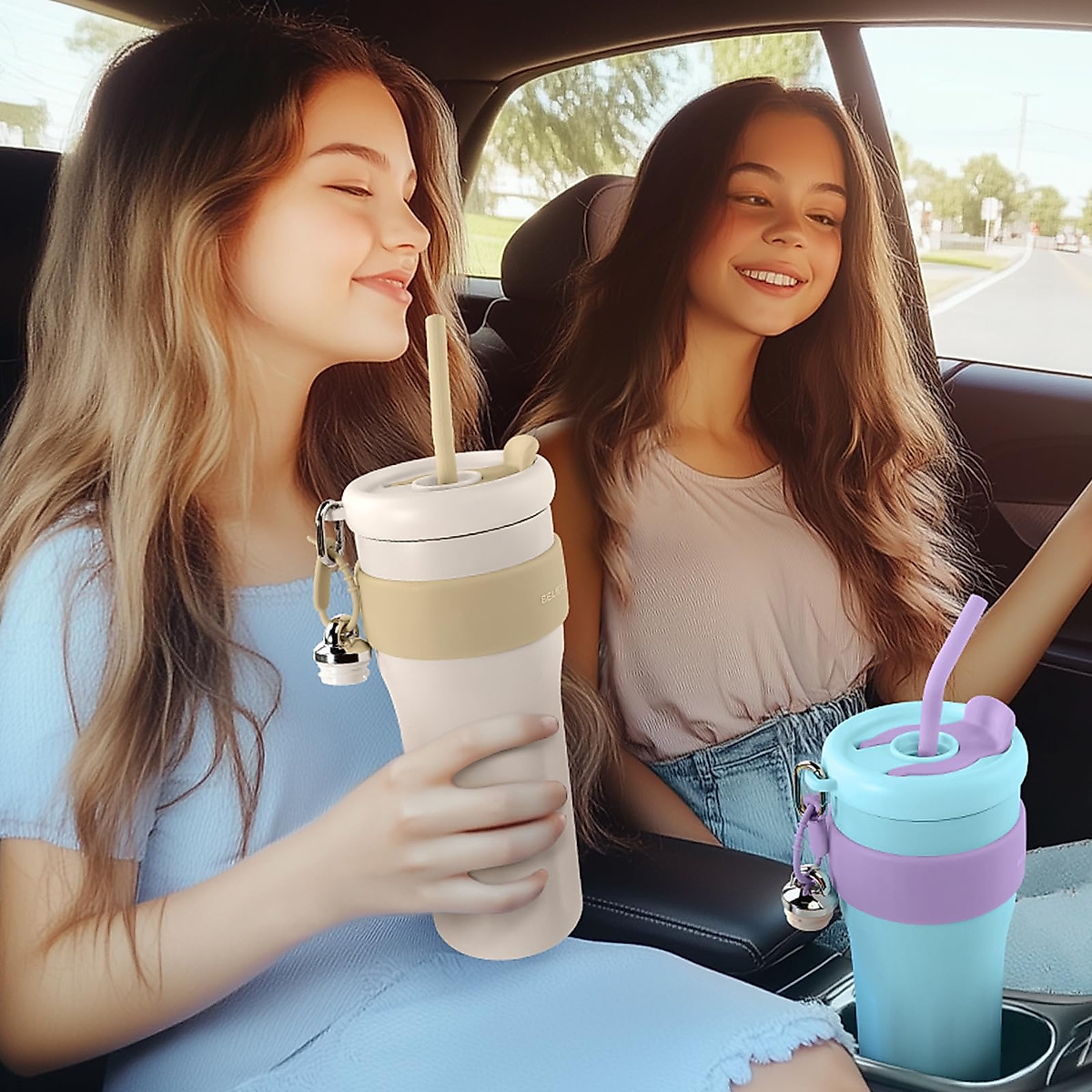 40 oz Tumbler with Handle, Stainless Steel Double Wall Vacuum Bottle Travel Mug, 100% Leakproof Insulated Tumbler with Straw and Lid, Reusable Coffee cup for gift (Beige)