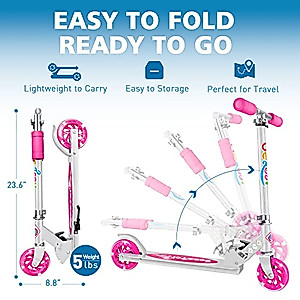 Beleev V1 Scooters for Kids 2 Wheel Folding Kick Scooter for Girls Boys, 3 Adjustable Height, Light Up Wheels, Kickstand for Children 3 to 12 Years Old