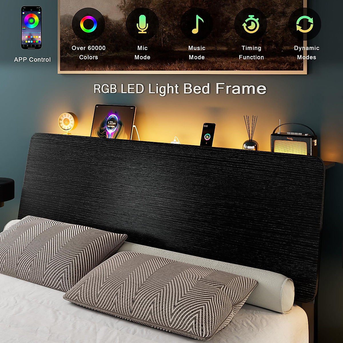 Einhomn Queen Size Metal Bed Frame with LED Lights & Charging Station, Ergonomic Platform Bed with Wooden Storage Headboard, Heavy-Duty Metal Base, 12" UnderBed Storage, No Box Spring Needed, Black