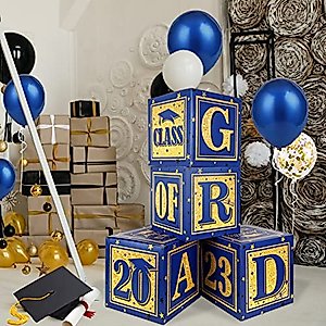 Graduation Card Box - Set of 4 Royal Blue and Gold Balloon Boxes with "GRAD" and"CLASS OF 2023" Letters Graduation Boxs for High School and College Graduation Announcements 2023 Decorations