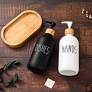 HULISEN Dish Soap Dispenser Set with Bamboo Tall Tray, Kitchen Soap Dispenser Set, Matte Hand and Dish Soap Dispenser Set for Modern/Boho/Farmhouse Kitchen Decor (Black & White)