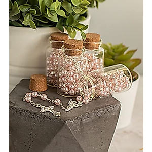 Baptism Favor (12PCS) Holy Communion Rosary in Glass Bottle Jar Recuerdos De Bautizo Quinceanera Pink Pearl Christening Recuerdos para Primera Comunion Niña Quinceanera Gift for Guests