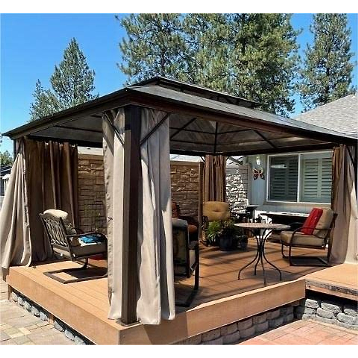 YOLENY 10'x13' Hardtop Gazebo, Outdoor Polycarbonate Double Roof Canopy, Aluminum Frame Permanent Pavilion with Curtains and Netting, Sunshade for Garden, Patio, Lawns