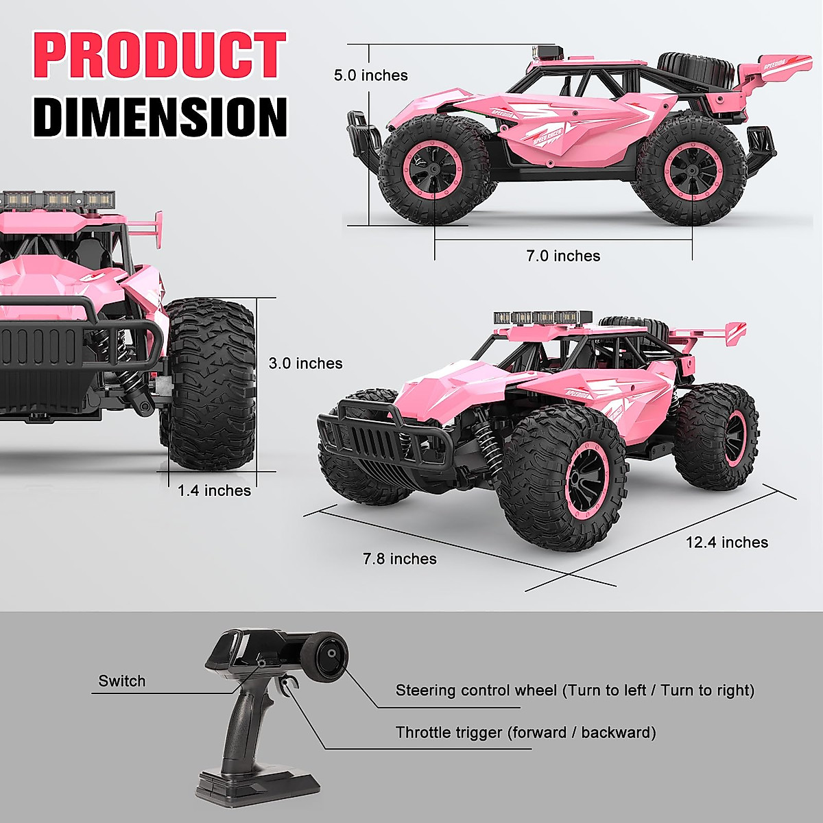 kolegend Remote Control Car for Girls 50+min Monster Trucks 20km/h 1:12 Scale 13 Inch All Terrains RC Truck with Flashing Chassis Lights Gift Toys for Girls Kids Boys