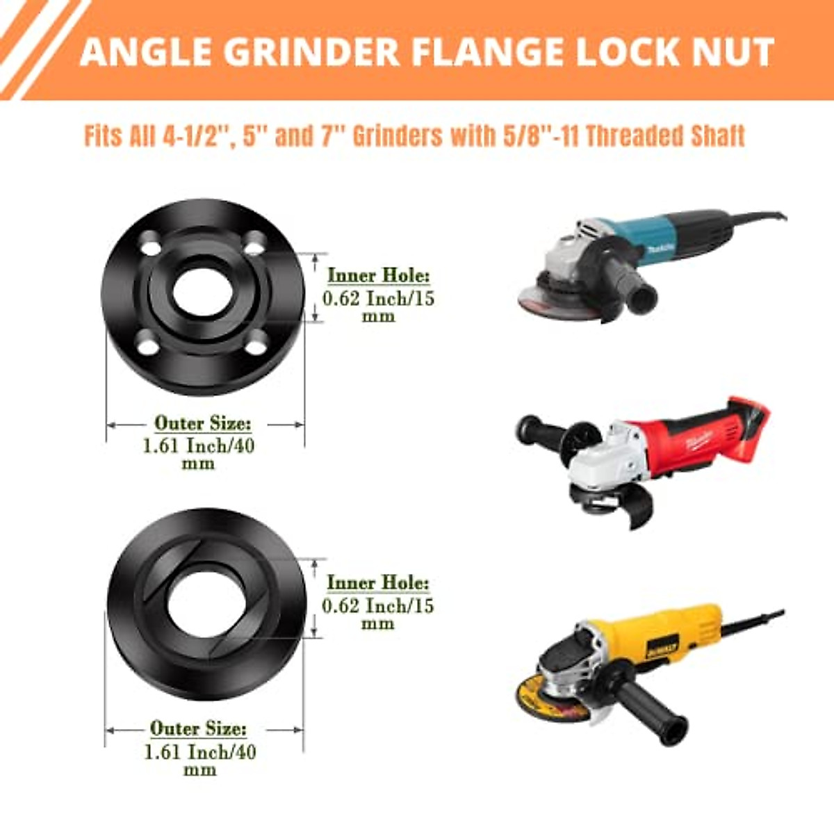 Grinder Wrench Grinder Shaft Nut 5/8-11 4 Pcs Compatible with Makita Milwaukee Dewalt Metabo Grinder Parts Bosch Ryobi Black Decker 4.5" 5" Protective Gloves Included