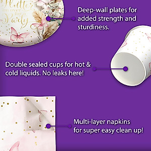 Butterfly Bridal Shower Party Supplies 64 Piece Tableware Set Includes Large 9" Paper Plates Dessert Plates, Cups and Napkins Kit for 16