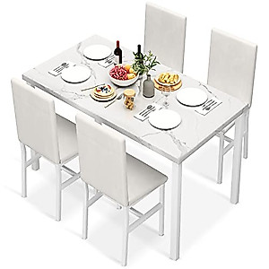 Hooseng Dining Table Set for 4, Space Saving Kitchen Table and Chairs for 4, 5 Pieces Faux Marble Dining Room Table Set with 4 PU Leather Chairs for Small Space, Living Room, Breakfast Nook, White
