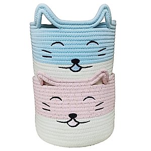 Small Woven Cotton Rope Storage Basket,2 Pack Cute Cat Cotton Rope Baskets with Handle,Baby Nursery Organizer for Toy Storage Bin | Pet Gift Basket for Cat,Dog,10 x 10 x 7 Inch