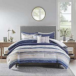 Madison Park Marina Comforter Quilt Combo Set - Modern Luxury Design, All Season Down Alternative Bedding, Matching Shams, Decorative Pillows, King/Cal King(104"x92") Seersucker Blue 8 Piece