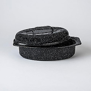 Granite Ware Roasting Set Covered 13 in and 15 in Oval roaster and 3 lb round roaster. Enameled Steel design to accomodate up to 7 lb and 10 lb poultry/roast. Resists up to 932°F.