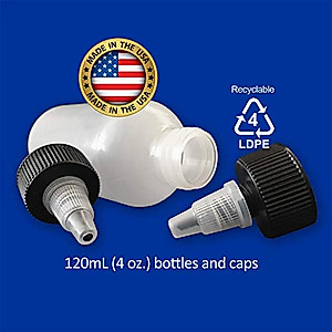 510 Central Twist Top Squeeze Bottles (4oz, 6 Pack) Boston Round with Dispensing Caps - LDPE Plastic - Made in USA