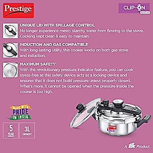PRESTIGE Clip-on Svachh 3 Litre Stainless Steel Pressure Cooker, silver, standard
