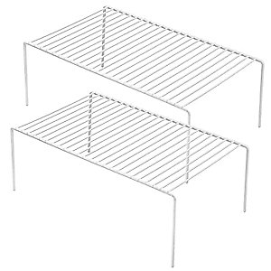 iPEGTOP Set of 2 Freezer Cabinet Shelf Rack, Large (15.7 x 9.4 Inch) Rustproof Stainless Steel Kitchen Storage Organizer Space Saver for Fridge Pantry Shelves Countertops - White