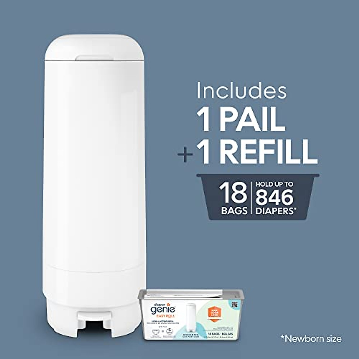 Diaper Genie Signature Pail Includes 1 Easy Roll Refill with 18 Bags | Holds Up to 846 Newborn-Sized Diapers Per Refill