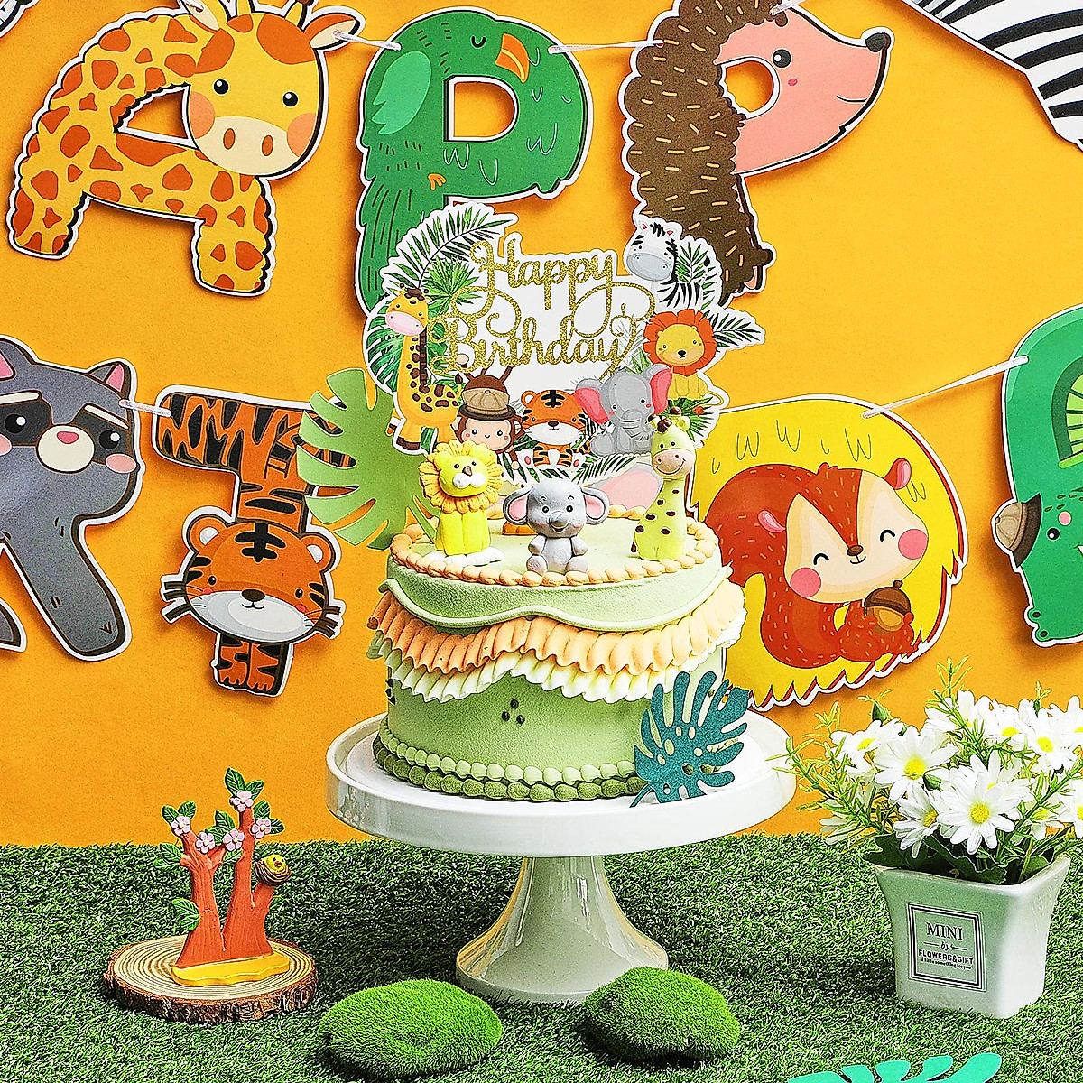 2 Pieces Safari Animals Happy Birthday Banner Cupcake Topper Jungle Theme Birthday Supplies, Safari Birthday Decorations Safari Baby Shower Decorations for Two Wild Theme Party Birthday Party Supplies