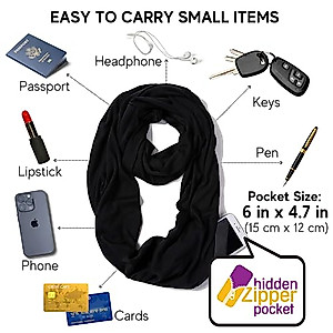 elzama Infinity Loop Solid Color Scarf With Hidden Zipper Pocket For Women - Lightweight Travel Neck Wrap