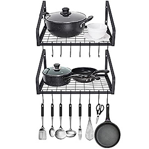 Giikin Hanging Pot Rack Set of 2, Kitchen Wall Mounted Pot and Pan Hanger Rack Organizer, Wall Storage Shelves for Household Utensils and Cookware Holder with 16 S Hooks(Black)