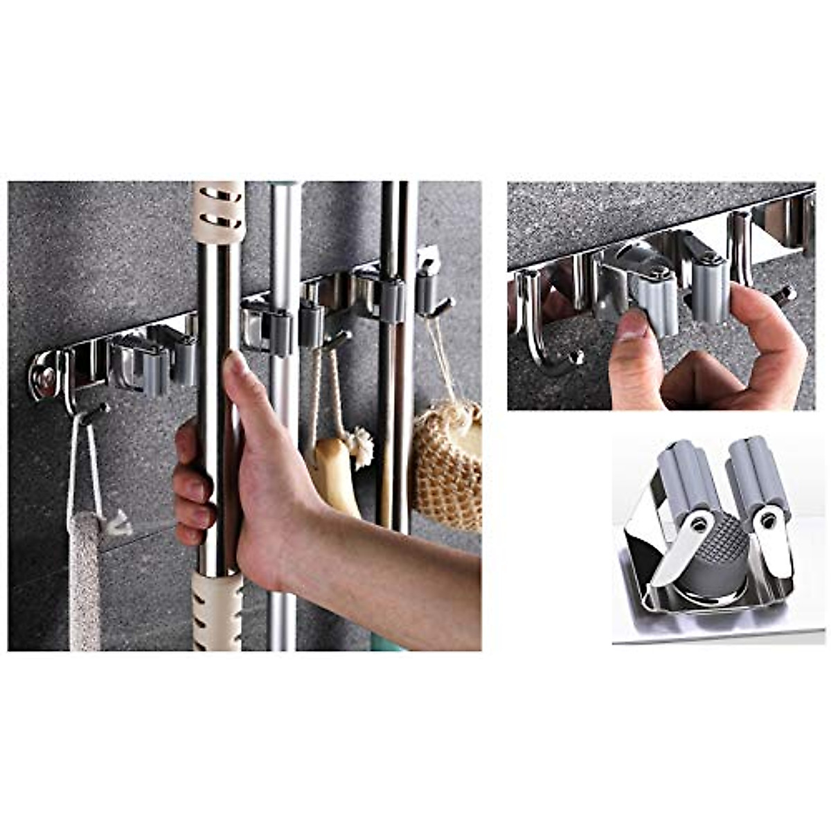 16" Mop and Broom Holder Organizer, Stainless Steel Wall Mount Hanger, Mounted Tool Rack Organizer, Closet Broom Holder, Ideal Broom Hanger for Kitchen, Courtyard, Garden,Storage (3 Racks 4 Hooks)