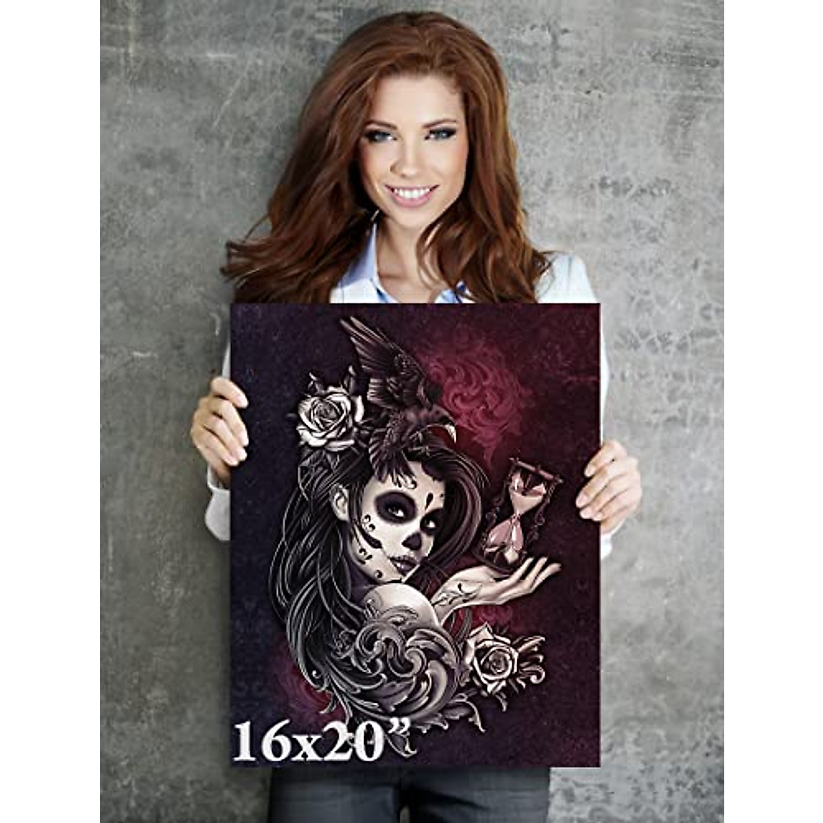 DAY OF THE DEAD GIRL CANVAS ART PRINT - Sugarskull Girl Painting Artwork with Crow, Roses, Timer Tattoo style Wall Art Gift - Sugar Skull Woman