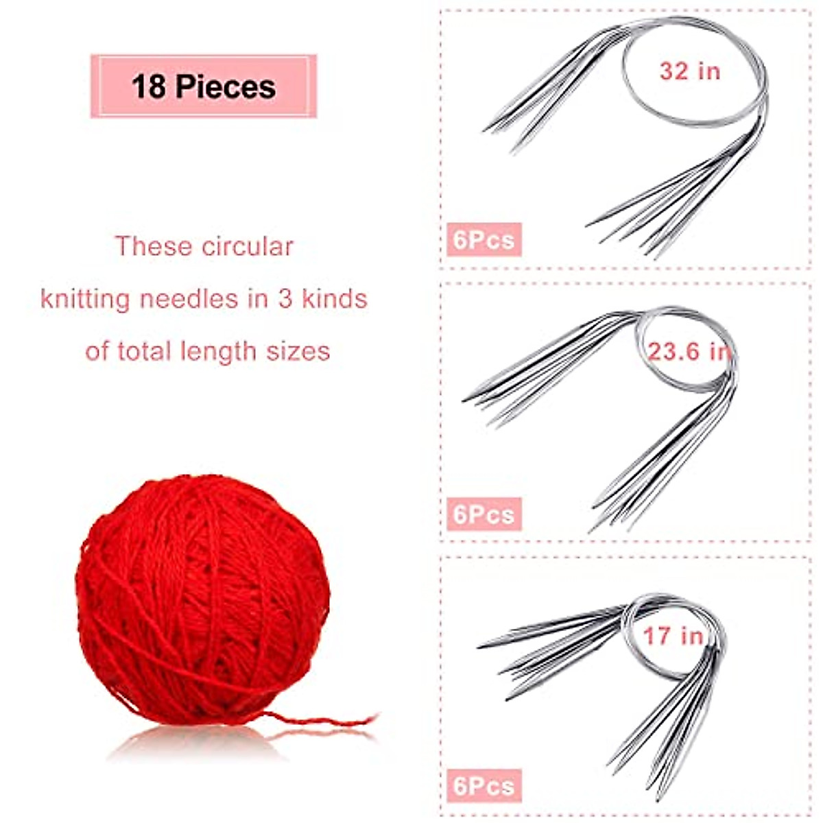 18 Pieces Circular Knitting Needles Set Stainless Steel Knitting Needles Size 2,3,4,5,6,8 mm for Any Weave DIY Lover or Beginner (31.5 Inch, 23.6 Inch, 16.9 Inch)