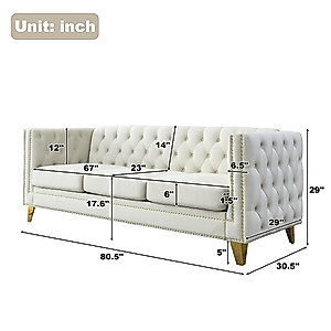 BUIORD Modern 81" 3-Seater Velvet Sofa,Buttons Tufted and Square Arm,Inlaid Gold Nail Heads and 4 Golden Metal Legs for Living Room (Beige, 81" 3-Seater Sofa)