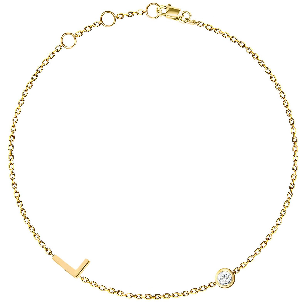 14k Gold or Silver Personalized Sideways Initial Letter Bracelet - Customize Your Solitaire Diamond Bracelet - Ideal Gift for Birthday, Weddings, Christmas, Engagements, Anniversaries