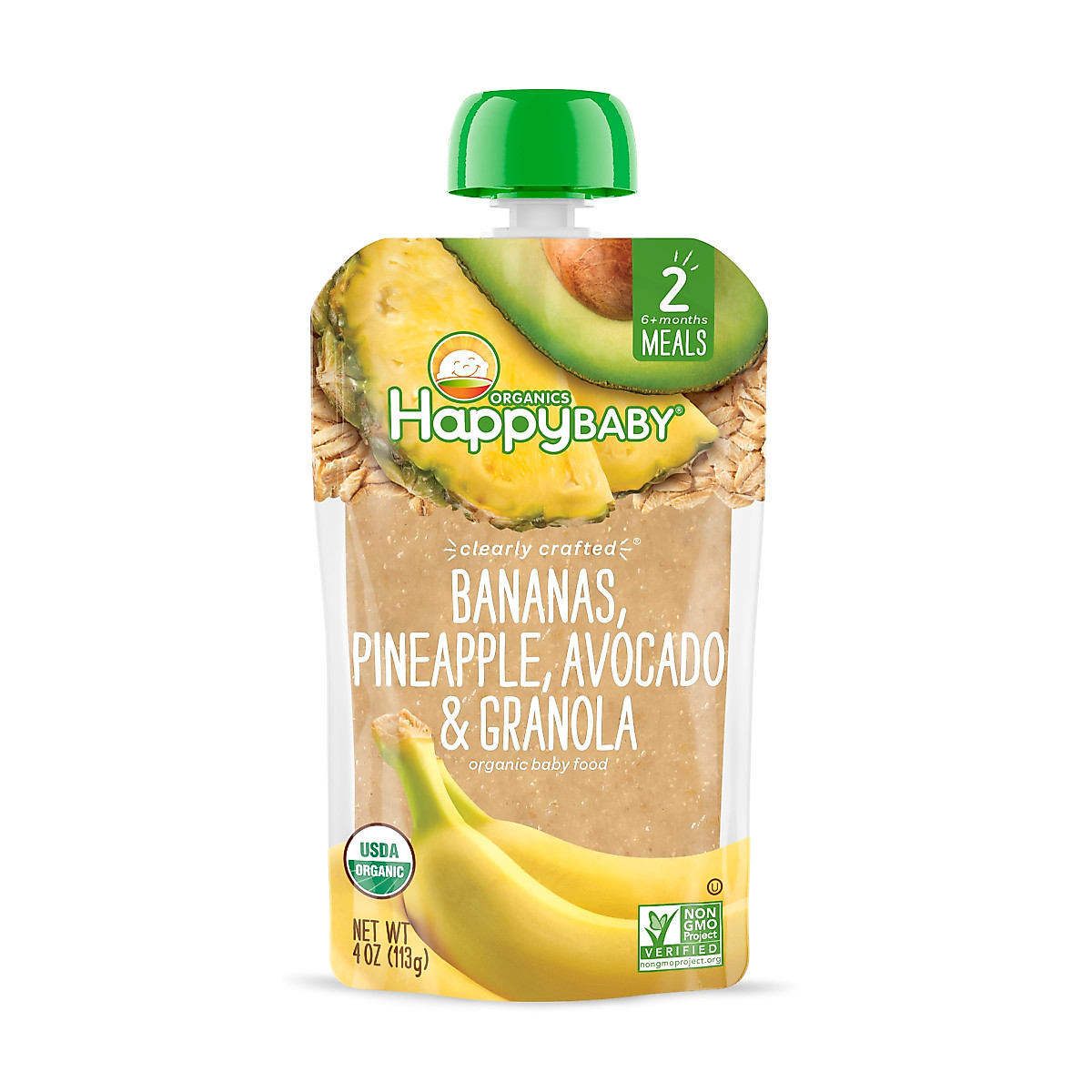 Happy Baby Organics Stage 2 Baby Food Pouches, Gluten Free, Vegan & Healthy Snack, Clearly Crafted Fruit & Veggie Puree, Bananas, Pineapples, Avocado & Granola, 4 Ounces (Pack of 16)