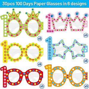 30Pcs 100 Days Paper Glasses Rhinestones 100th Day of School Educational Photo Booth Props Party Favors for Classroom