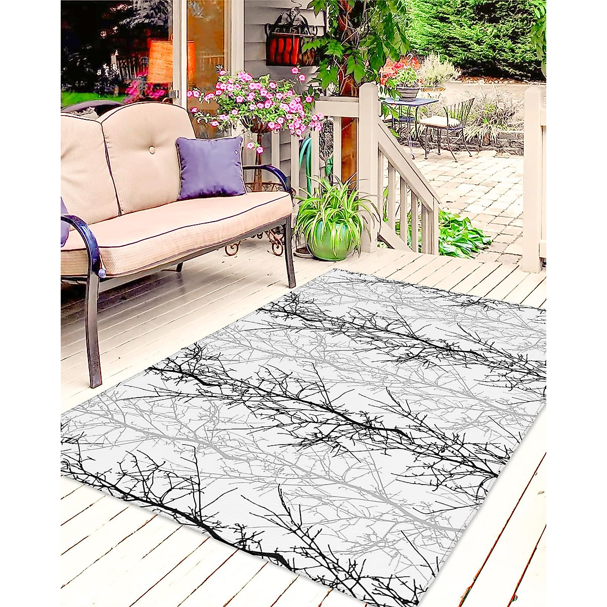 Tree Forest Outdoor Rugs for 5'x8' Patios Clearance, RV Camping Mat Rug Portable Outside Rug Indoor Outdoor Area Rug Mat for Beach Deck Pool Abstract Winter Branch Nature Black Grey
