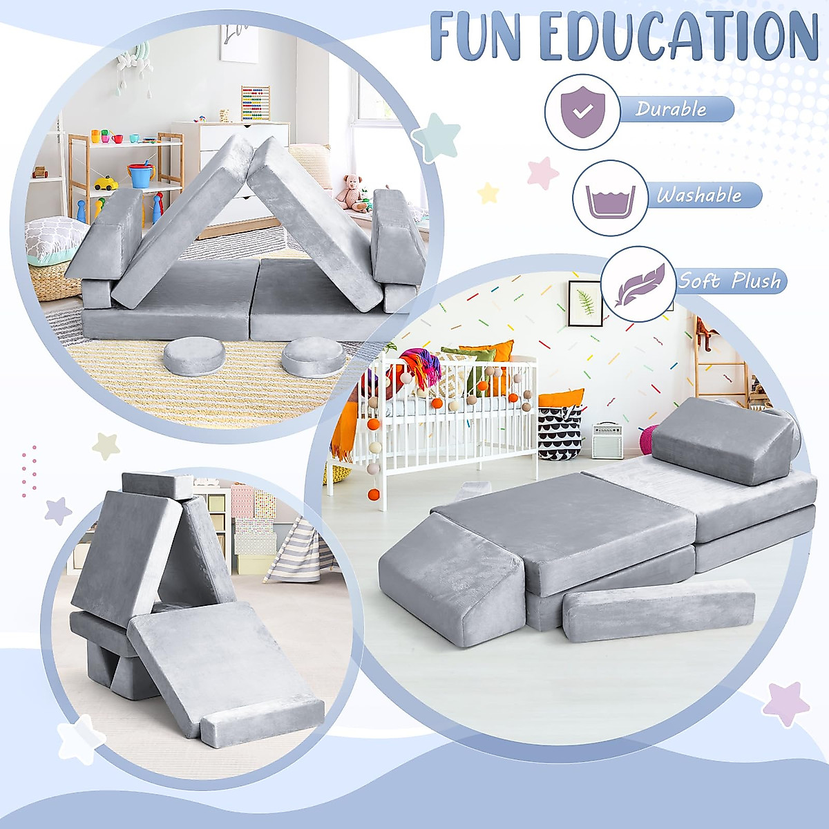 Mmucco Kids Play Couch, 10Pcs Toddler Couch, Kids Sofa Couch, Play Couch Sofa Playroom Bedroom,Modular Kids Couch for Playing, Creativing, Sleeping (Grey)