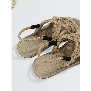 GORGLITTER Women's Criss Cross Strap Sandals Slingback Summer Beach Straw Flats Khaki CN41