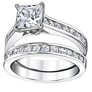 1.5 Carats Sterling Silver Cubic Zirconia Bridal Set Engagement Wedding Ring Bands Princess Cut