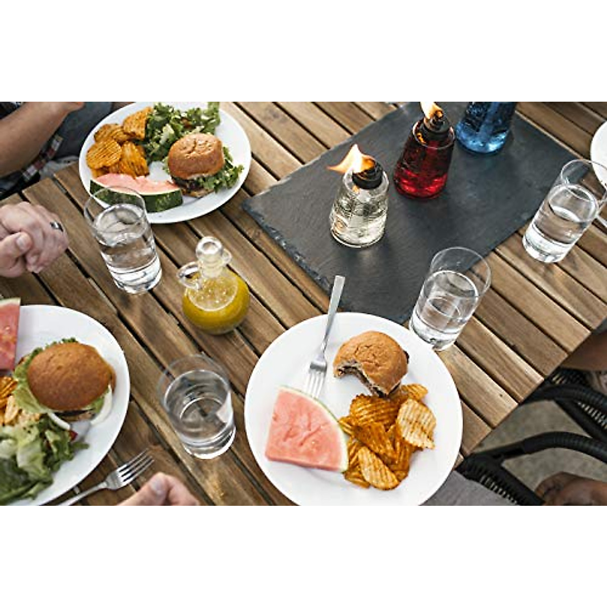 TIKI, Brand Molded Glass, Decorative Table Top Torch for Outdoor Lawn, Patio, and Garden White & Blue (Set of 3), 1117213, Red, White and Blue