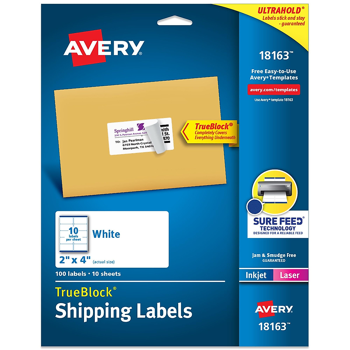 Avery Shipping Address Labels, Laser & Inkjet Printers, 100 Labels, 2x4 Labels, Permanent Adhesive, TrueBlock (18163)