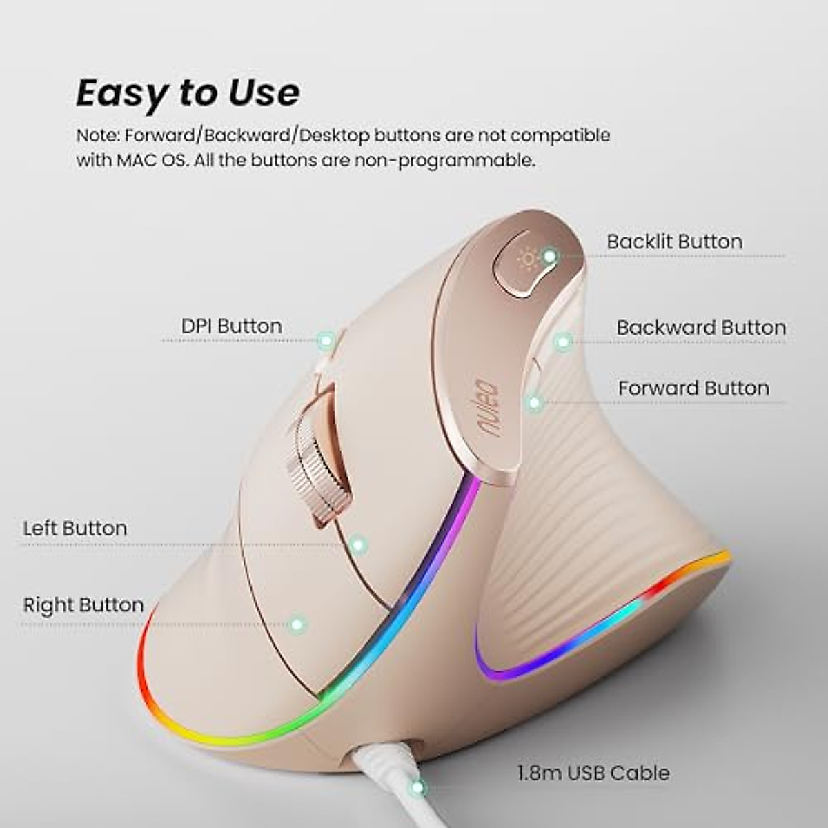 Nulea M504 Wired Vertical Mouse, USB Ergonomic Optical Mouse with 4 Adjustable DPI, 11 RGB Backlight Modes, Compatible for Laptop, PC, Desktop, Mac, Pink