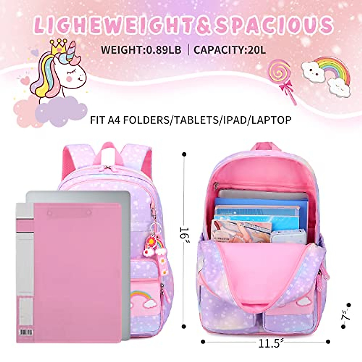 BEFUNIRISE Girls Backpack, School Backpacks 16 17 inch for Girls,Cute Book Bag for Teen Kid Elementary Middle High School (Purple Set, Small)