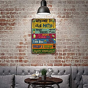 Larkverk Welcome to Our Patio Metal Tin Sign for Home Wall Decor Proudly Serving Whatever You Bring, Backyard Signs for Farmhouse Home Party Coffee Shop