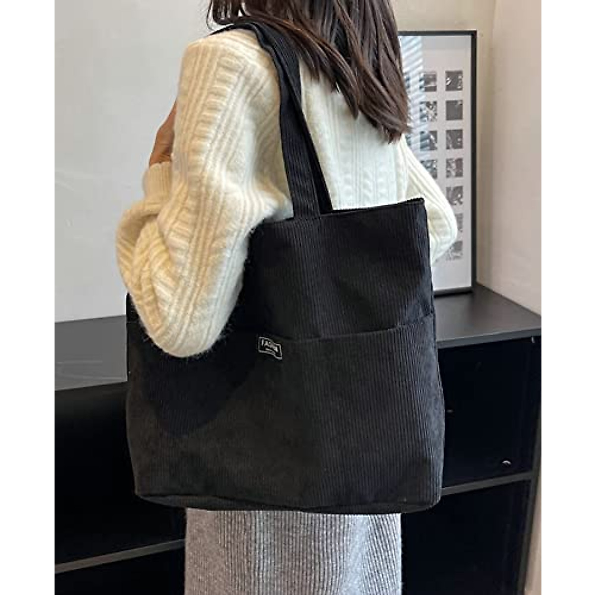 Women's Corduroy Tote Bags with Zipper Large Capacity Hobo Shoulder Bag Canvas Crossbody Bag