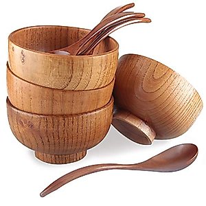 Handmade Wood Bowls, Jujube Wooden Japanese Bowls with Matching Spoon for Rice, Soup, Dip, Salad, Tea, Decoration 4 Sets (4 Bowls + 4 Spoons)