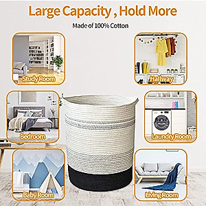 Laundry Baskets-Woven Rope Laundry Hamper with Handles, Tall Laundry Basket for Blanket Storage, for Laundry or Bedroom, Collapsible Laundry Basket Easy Storage 20"×16"-(Black)