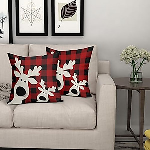Deer Christmas Pillow Covers 16X16 Inch Xmas Reindeer Black Red Buffalo Plaid Checkered Couch Pillow Cases Set of 2 Winter Holiday Cotton Cushion Case Farmhouse Home Decor For Bed Sofa Couch Room